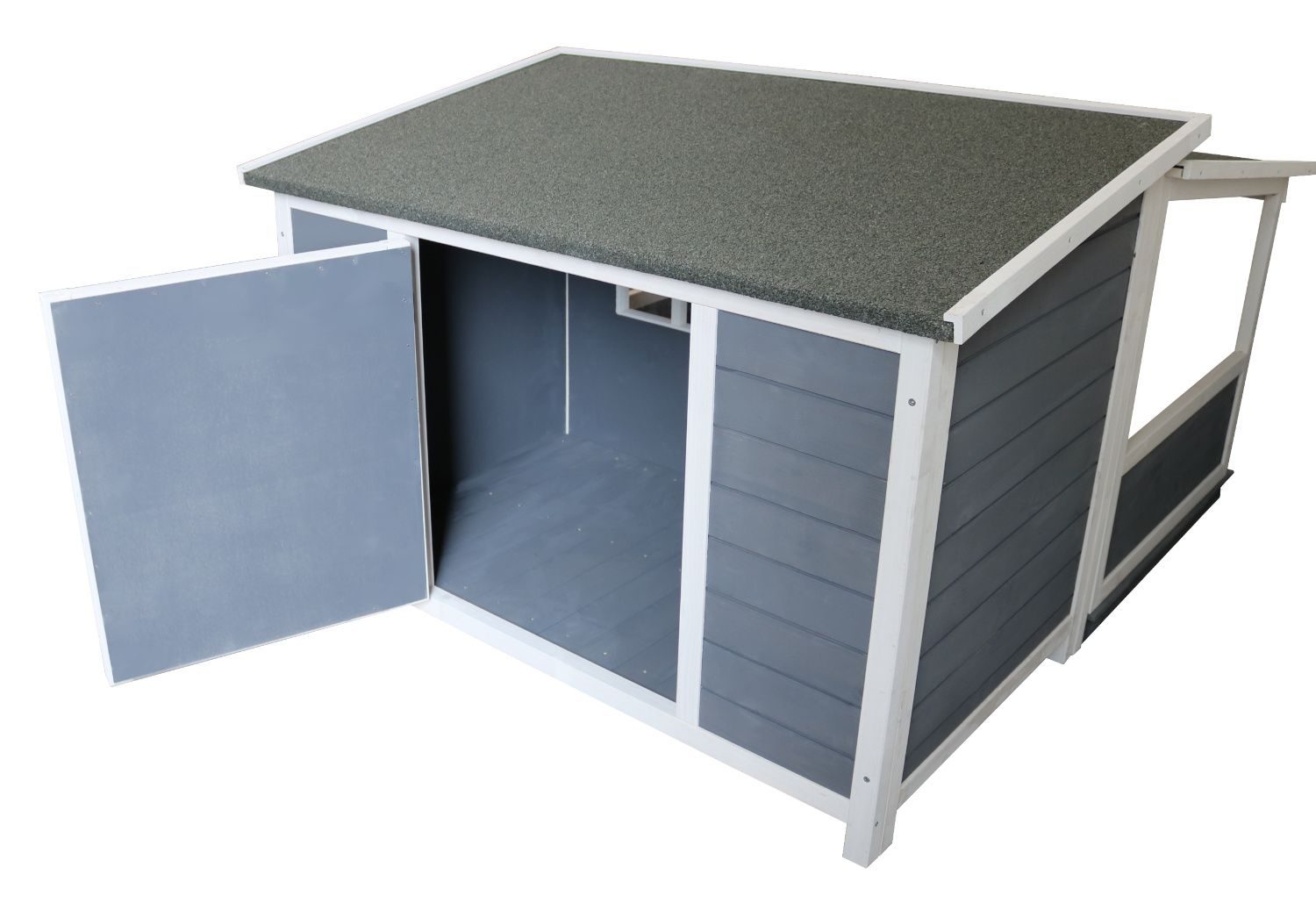 Houten hondenhok met schuin dak en terras – Comfort buiten